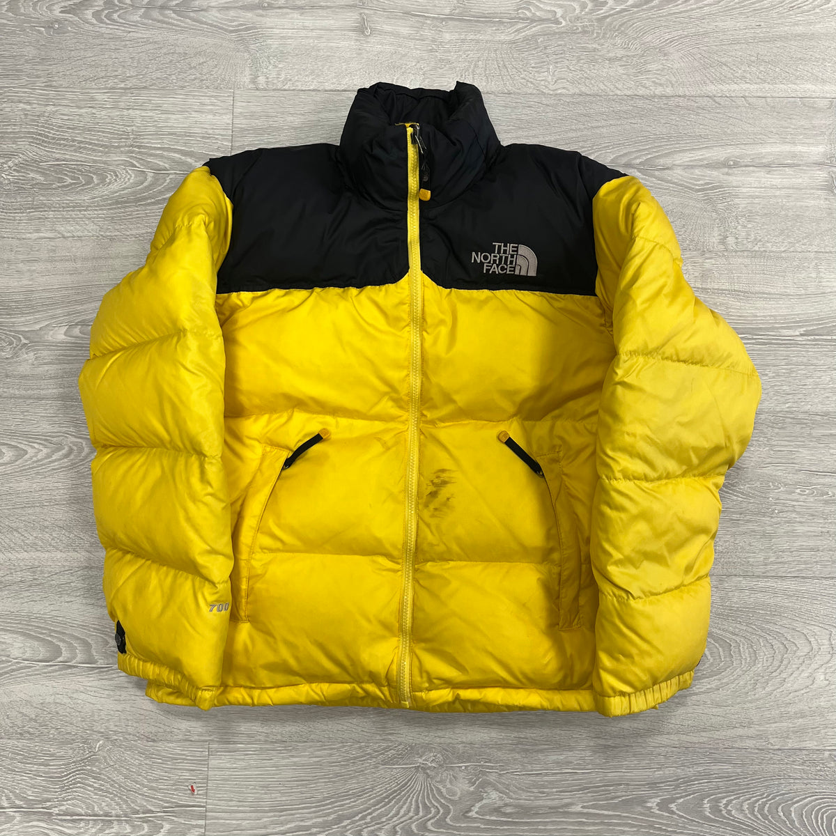 The North Face Yellow Puffer Jacket WITH STAIN | We Vintage