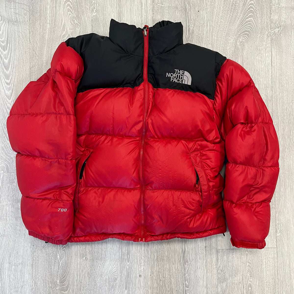 The North Face Red Puffer Jacket WITH DAMAGE & LIGHT STAIN | We Vintage